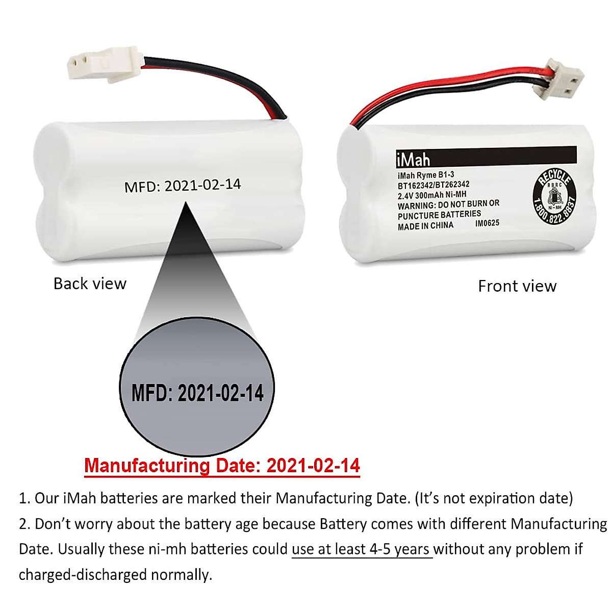 iMah BT162342 BT262342 BT183342 BT283342 Cordless Phone Batteries Compatible with VTech CS6114 CS6419 CS6719 AT&T EL5210 EL52300 EL52400 CL81101 CL80111 Handset Telephone, 2-Pack
