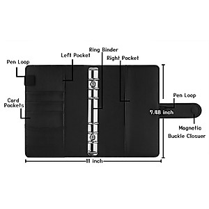 Antner A6 PU Leather Notebook Binder Refillable 6 Ring Budget Binder for A6 Filler Paper, Loose Leaf Personal Planner Binder Cover with Magnetic Buckle Closure, Black