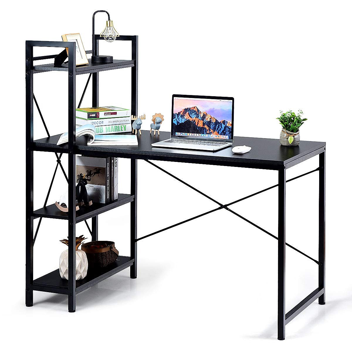Tangkula Computer Desk with 4 Tier Shelves, Study Writing Table with Storage Bookshelves, Modern Compact Home Office Workstation, 47.5" Tower PC with Steel Frame & Adjustable Feet Pad