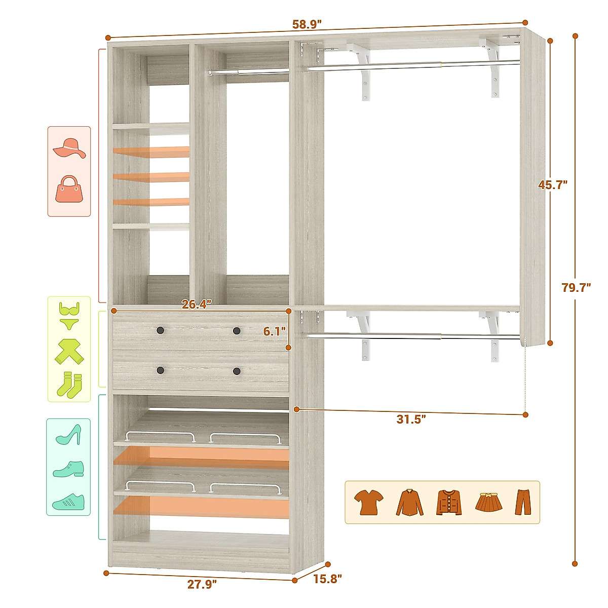 Besiost Closet System - 5FT Small Closet System with Drawers, 60" Closet Organizer System with Reversible Hanging Shelving, Closet Systems for Small/Walk-in Closets, Greige Oak
