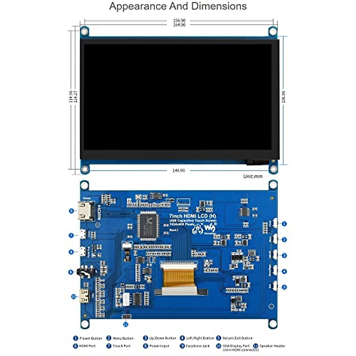 Waveshare 7inch Capacitive Touch Screen LCD Compatible with Raspberry Pi 5/4B/3B+/3A+/2B/B+/A+/Zero/Zero W/WH/Zero 2W CM3+/4 Series Boards 1024×600 Resolution HDMI IPS Supports Windows