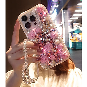 redecarie for Galaxy S9 Plus Case,Women Girls Luxury Fashionable Crystal Gemstone Roses Rhinestone Bling Glitter Diamond Bumper Clear Phone Cover with Wrist Strap for Samsung Galaxy S9 Plus