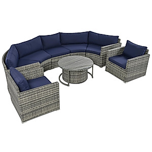 YSWH 9-Piece Outdoor Half Moon Sofa Set, Rattan Patio Furniture Half Round Sofa Set with Overlapping Round Table, Sectional Conversational Sofa Set for Free Combination, 1