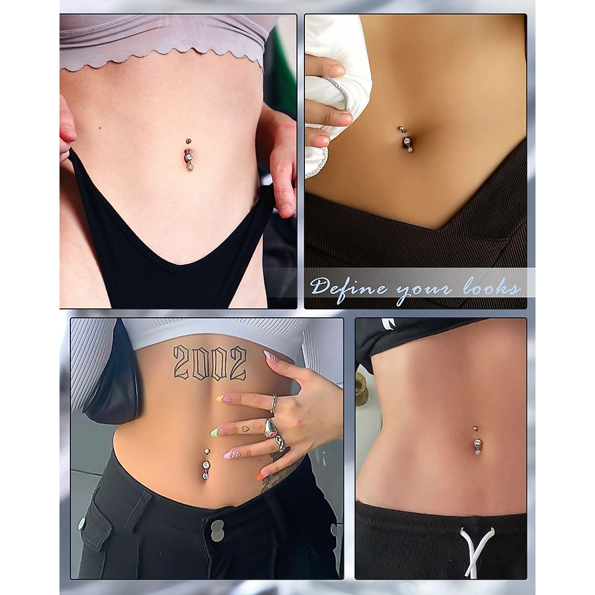 OUFER Dangle Belly Button Rings, G23 Solid Titanium Belly Ring, 14G Clear CZ Long Belly Piercing Jewelry, Lead & Nickel Free Navel Rings for Women Men-16MM