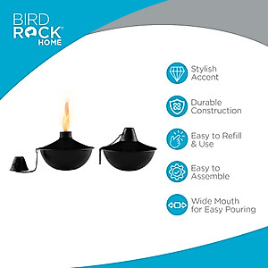 BIRDROCK HOME Tahitian Tabletop Citronella Lamp Torches - Easy Refill Metal Lanterns with Flickering Flame for Decorative Backyard, Deck & Outdoor Patio Lighting - Refillable Design - Black, Pack of 2