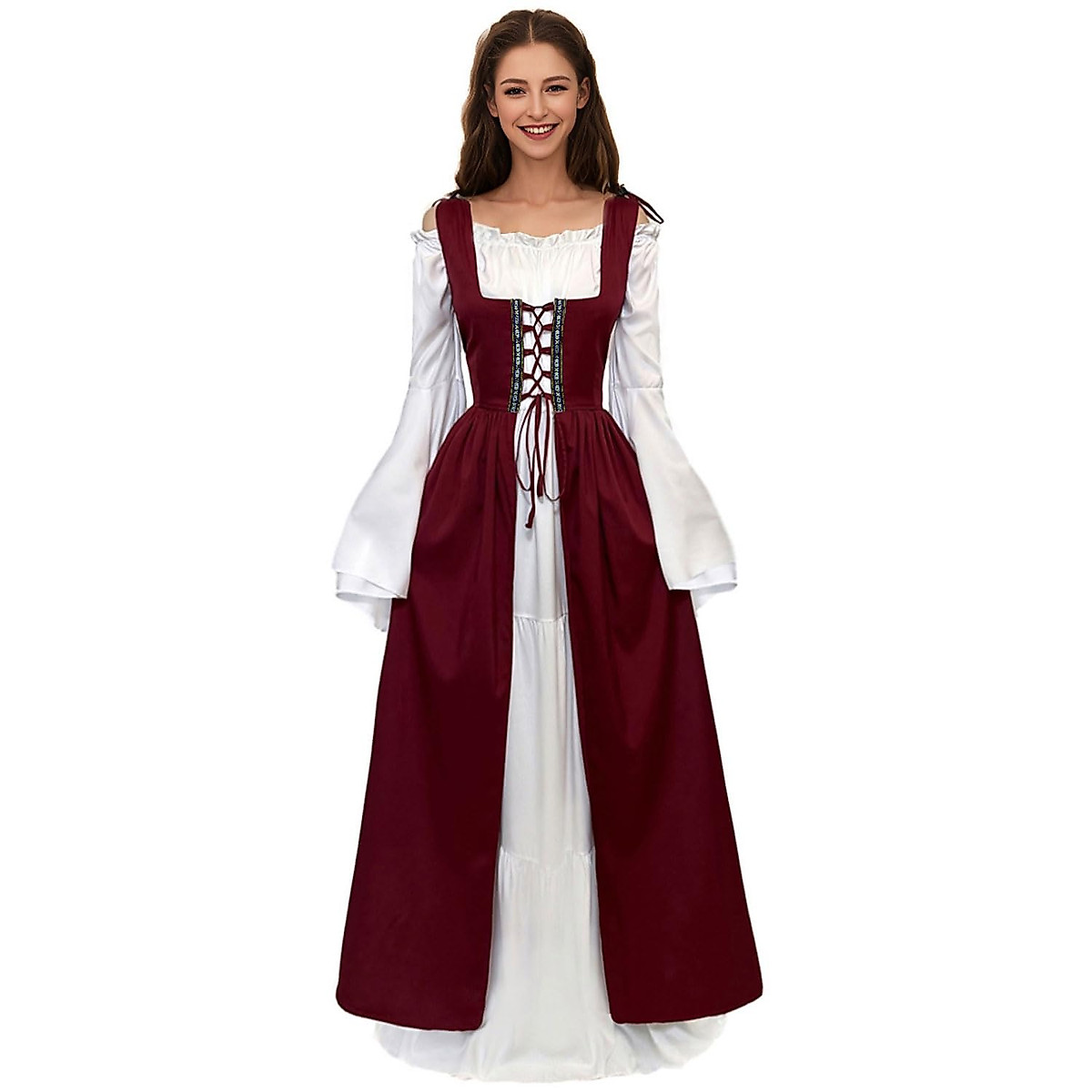 WYZJL Renaissance Dress Women Medieval Dress Ren Faire Costume Renaissance Overdress Outfit Irish Dress Halloween Costume, Burgundy S/M