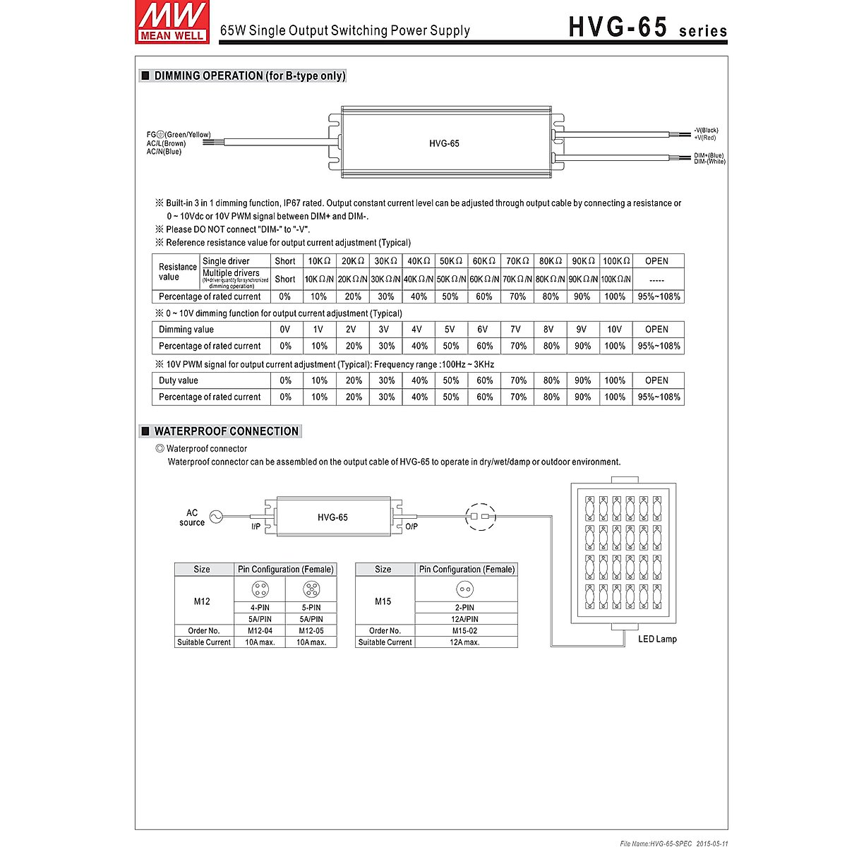MEAN WELL HVG-65-12A 65 W Single Output 2.71 A 12 Vdc Output Max IP67 Swithcing Power Supply - 1 item(s)
