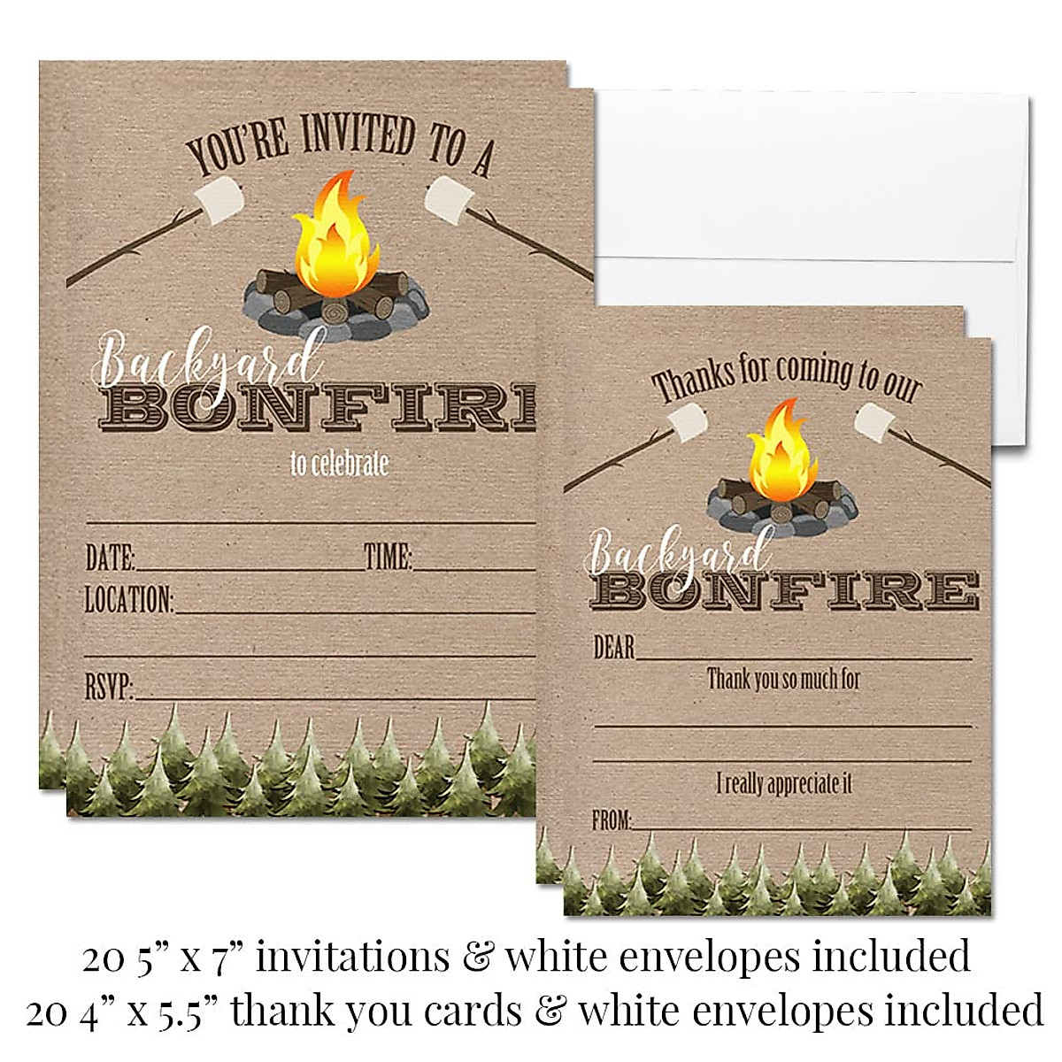 Backyard Bonfire Birthday Party Bundle Includes 20 each of Invitations & Thank You Cards with Envelopes + 2 Different Sizes of Stickers, Mini Candy Bar Wrappers, & Water Bottle Labels!