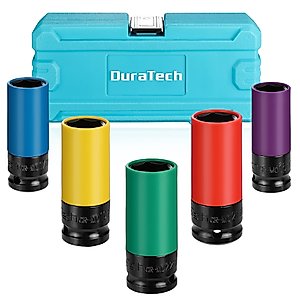 DURATECH 1/2 Wheel Protector Impact Socket Set, Lug Nut Sockets With Non-Marring Protective Sleeve, 15 17 19 21 22 mm Metric Sockets, CR-MO Alloy, Color-Coded, Great Gifts
