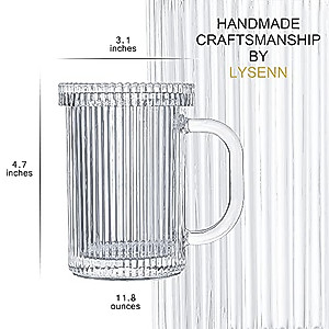 Lysenn Clear Glass Coffee Mug - Classic Vertical Stripes Tea Mug - Elegant Coffee Cup with Glass Lid for Latte, Espresso - Lovely Gift for Christmas, Anniversary and Birthday - 11 oz