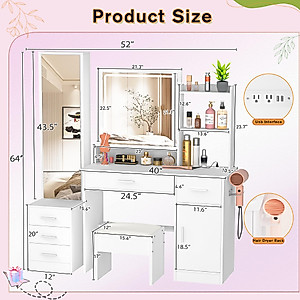 Greenvelly Makeup Vanity Desk with Lights and 2 Mirror, White Vanity Table with 3 Lighting Modes and Stool Set, Dressing Table with Drawers, Vanity Desk for Women and Girls' Bedroom…