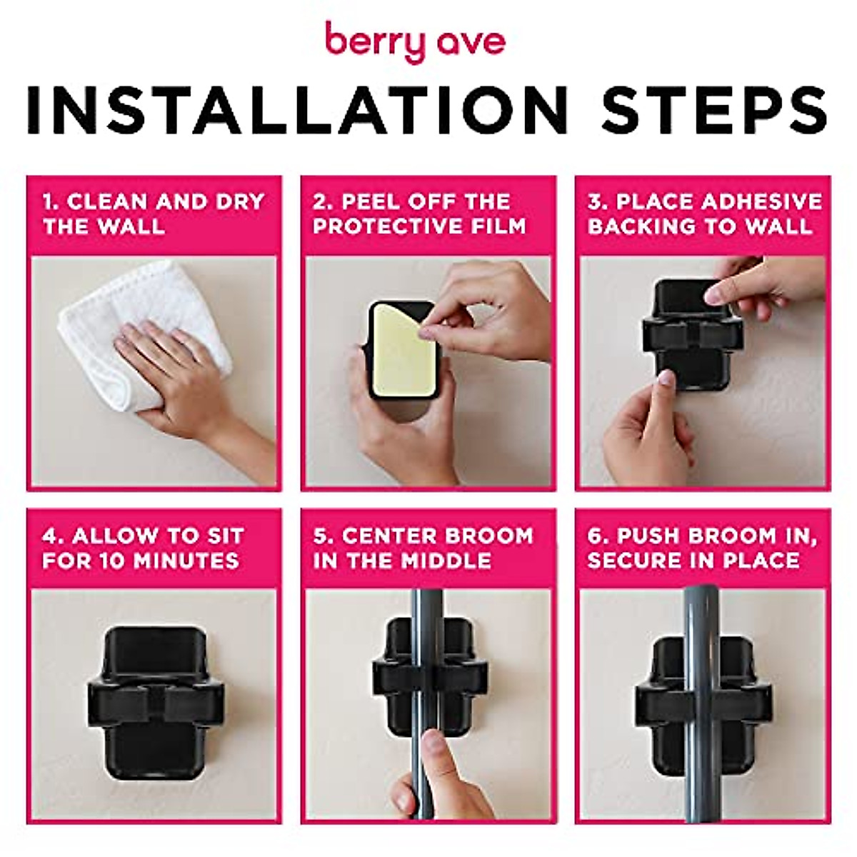 Berry Ave Broom Holder & Mop Grippers [5-Pack]- Self Adhesive, No-Drilling, Wall Mount Tool Organizers For Kitchen, Garage, Laundry Room- Anti-Slip Hanger For Brooms, Mops, Rakes, Dustpans- Black