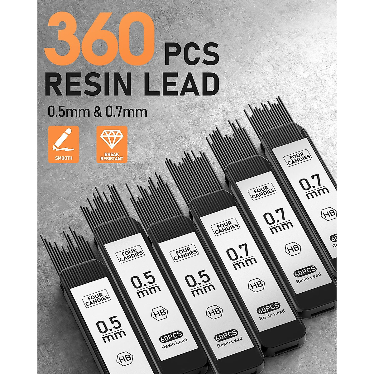 Four Candies 2PCS Metal Mechanical Pencils Set with Case, 0.5mm & 0.7 mm Artist Pencil with 6 Tubes (360PCS) HB Lead Refills, 3 Erasers,9 Eraser Refills For Writing Drafting, Drawing, Silver