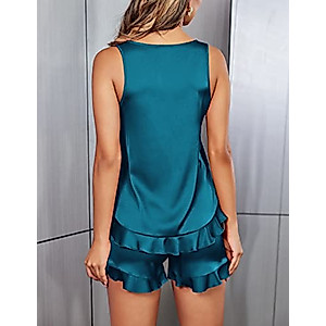 Ekouaer Silk Pajamas Set Women Satin Sleepwear 2 Piece Pjs Tank Top and Shorts Sleep Nightwear Gift Blue Green M