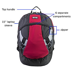 Eastsport Oversized Multifunctional Sports Backpack for Work, Travel, Outdoors - Black/Red