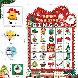 HomSeon 39Pcs Christmas Bingo Game for Kids Adults 24 Players Bingo Cards Christmas Games with Reward Stickers Xmas Activities Family Party Game