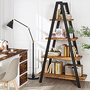 Recaceik 4-Tier Bookshelf, A-Shaped Bookcase Industrial Ladder Shelf Open Display Shelves with Metal Frame, Freestanding Plant Stand Book Shelf Open Storage Organizer for Living Room, Home Office