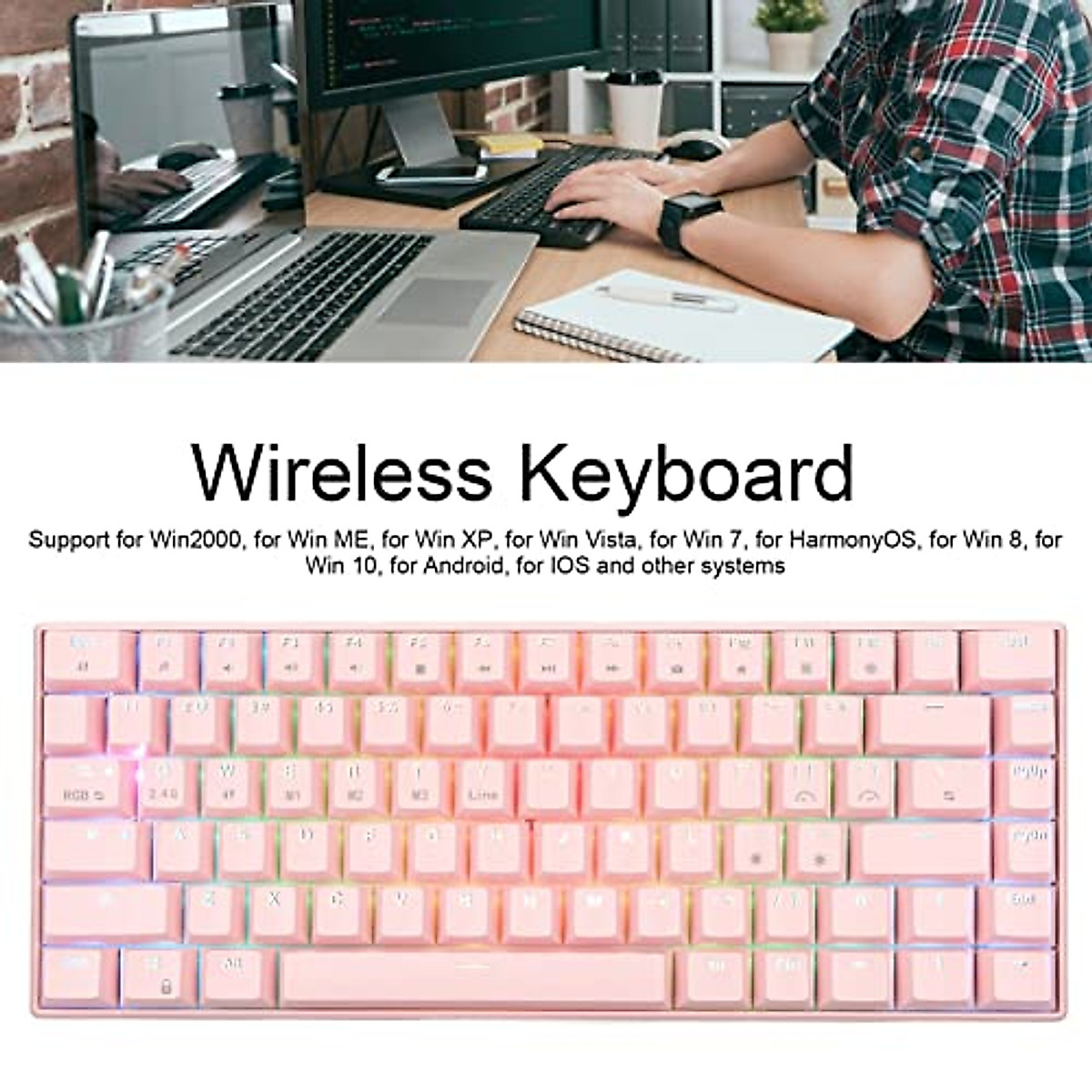 Heayzoki 82 Key Gaming Keyboard, RGB Backlight Mechanical Keyboard 2.4G/Bluetooth 3.0/5.0/Type-C Ergonomic Pink Gaming Keyboard for Office Home(Black Shaft)