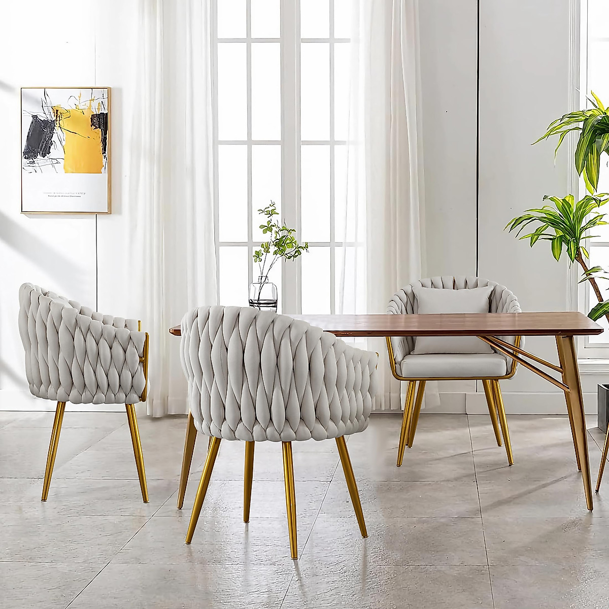 BOSMILLER Woven Dining Chairs, Modern Dining Room Chairs with Gold Metal Non-slip Legs, Curved High Backrest Round Upholstered Dining Chair with Headrest, for Living Room, Dining Room (Beige)