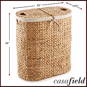 Casafield Oval Laundry Hamper with Lids and Removable Liner Bags - Natural, Woven Water Hyacinth 2-Section Laundry Basket Sorter for Clothes and Towels