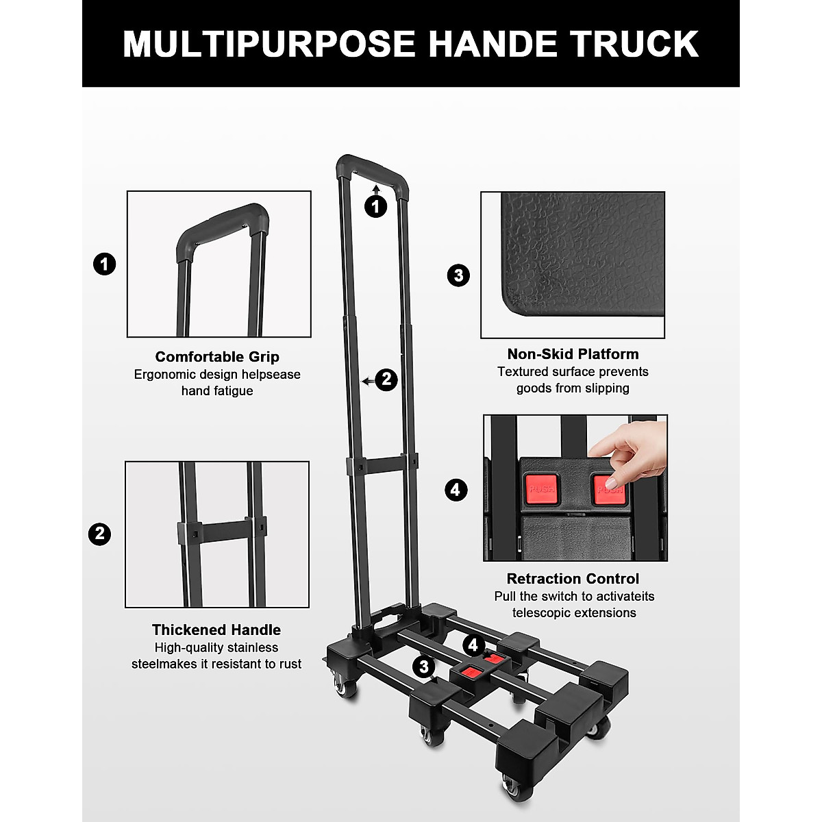 SERVOMASTER Folding Hand Truck, Hand Truck Dolly 500 LB Heavy Duty, Foldable Luggage Cart with 6 Wheels and 2 Elastic Cords with Adjustable Handle for Luggage, Travel, Shopping, Office Moving, Black
