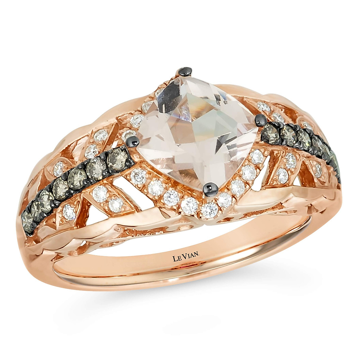 LE VIAN 1/3 Carat White and Chocolate Diamond with Cushion Cut Morganite Halo Engagement Ring for Women in 14k Rose Gold (H-I/Fancy Brown, VS2-SI2, cttw) Anniversary Promise Ring Size 7