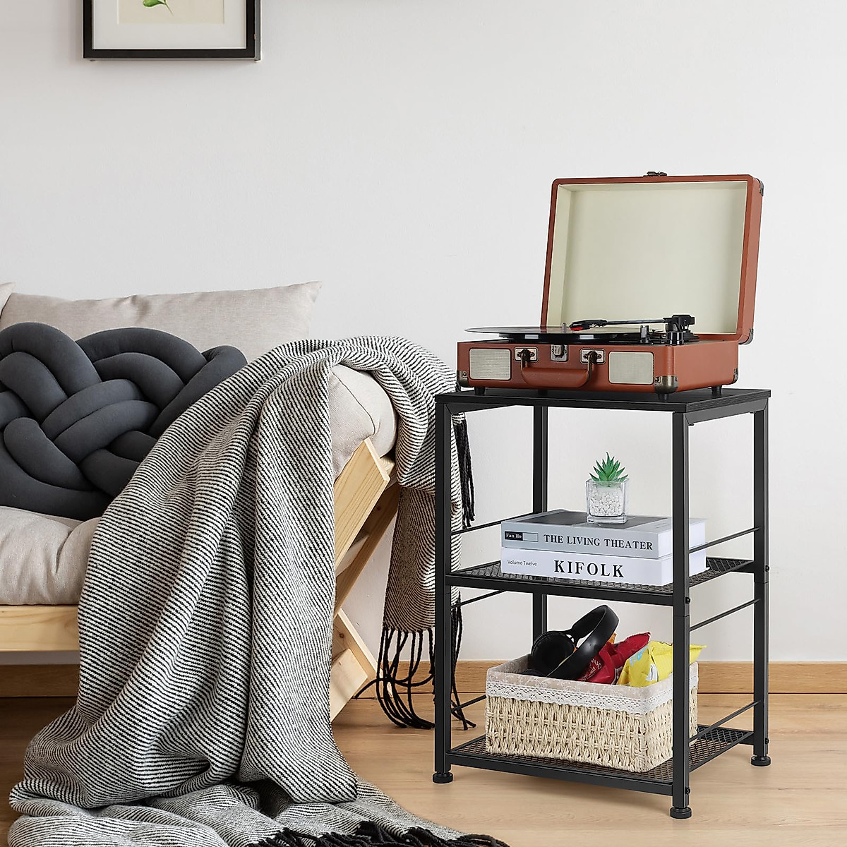 ETELI 3 Tier Side Table with Wheels Black Rolling End Side Table Small with Storage Shelves Industrial Night Stand for Small Space Living Room Bedroom Kitchen Office