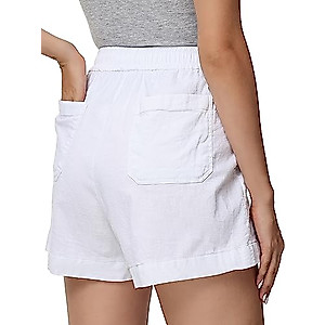 MCEDAR Linen Blend Shorts for Women Drawstring Elastic Waist Plus Size Beach Pants with Pockets White-AS