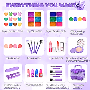 54 Pcs Kids Makeup Kit for Girls, Princess Real Washable Pretend Play Cosmetic Set Toys with Mirror, Non-Toxic & Safe, Birthday Gifts for 3 4 5 6 7 8 9 10 Years Old Girls Kids (Purple)