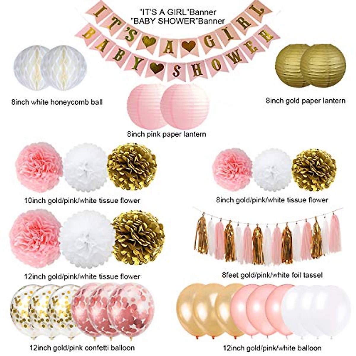 Baby Shower Decorations for Girl - Pink and Gold Baby Shower Decoration It’s A girl & Baby Shower Banner with Paper Lantern Pompoms Flowers Honeycomb Ball Balloons Foil Tassel