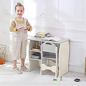 ocinone Kids Desk and Chair Set, Children Study Desk with Storage Shelf, Wooden School Study Table, Writing Table for Home School Use (Grey Beige)