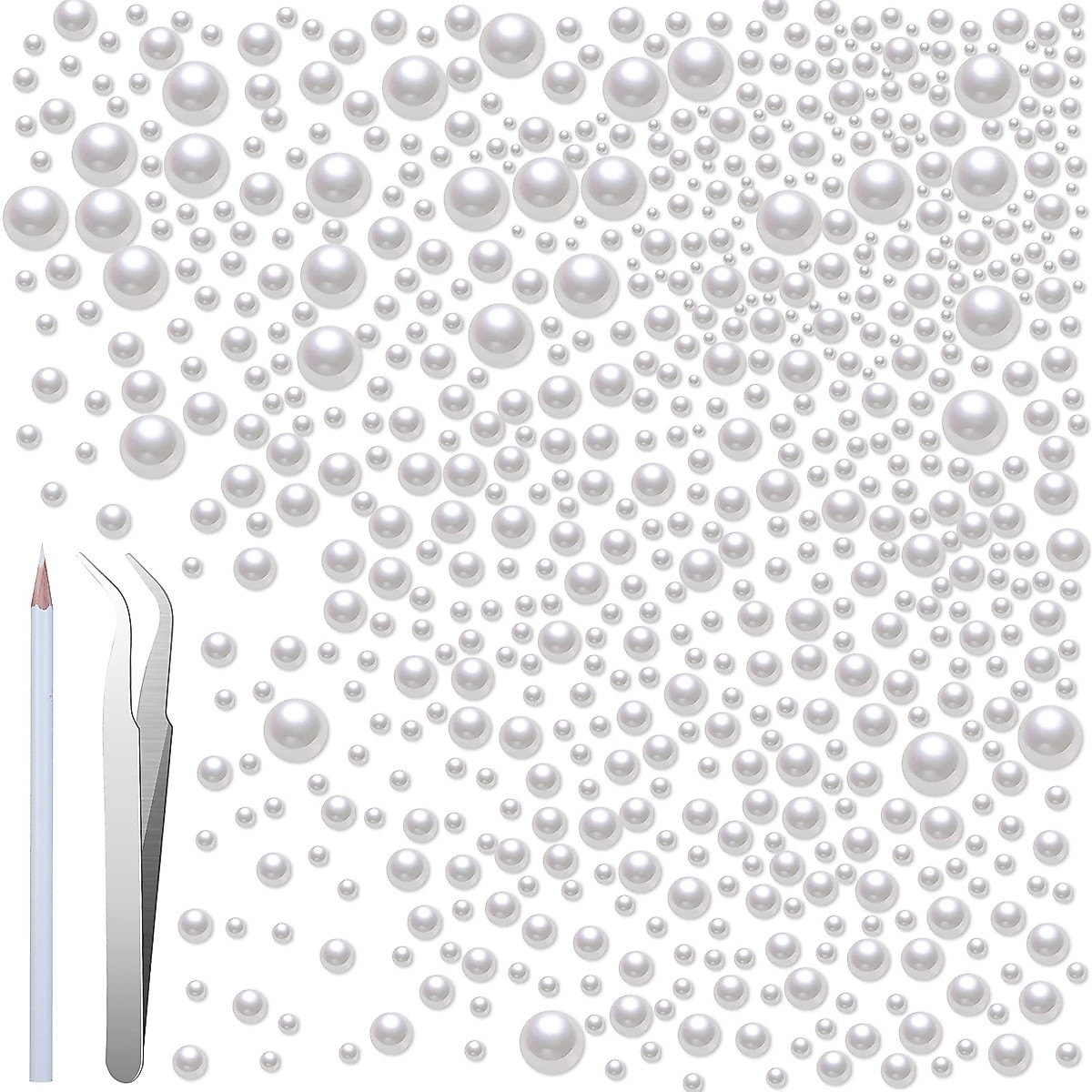 10002 Pieces 8 Sizes Nail Pearls Gems DIY Flatback Pearls, 2mm/2.5mm/3mm/4mm/5mm/6mm/8mm/10mm,Half Round Pearl with Metal Tweezers Nail Art Picker Pencil Pearls for Crafts DIY Making Supplies (White)