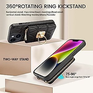 CUSTYPE Compatible with Phone 14 Plus Case Wallet with Card Holder,360 Rotation Ring [Two-Way Stand],Leather Zipper Wallet Case with Crossbody Strap for iPhone 14 Plus,6.7 Inch,Black