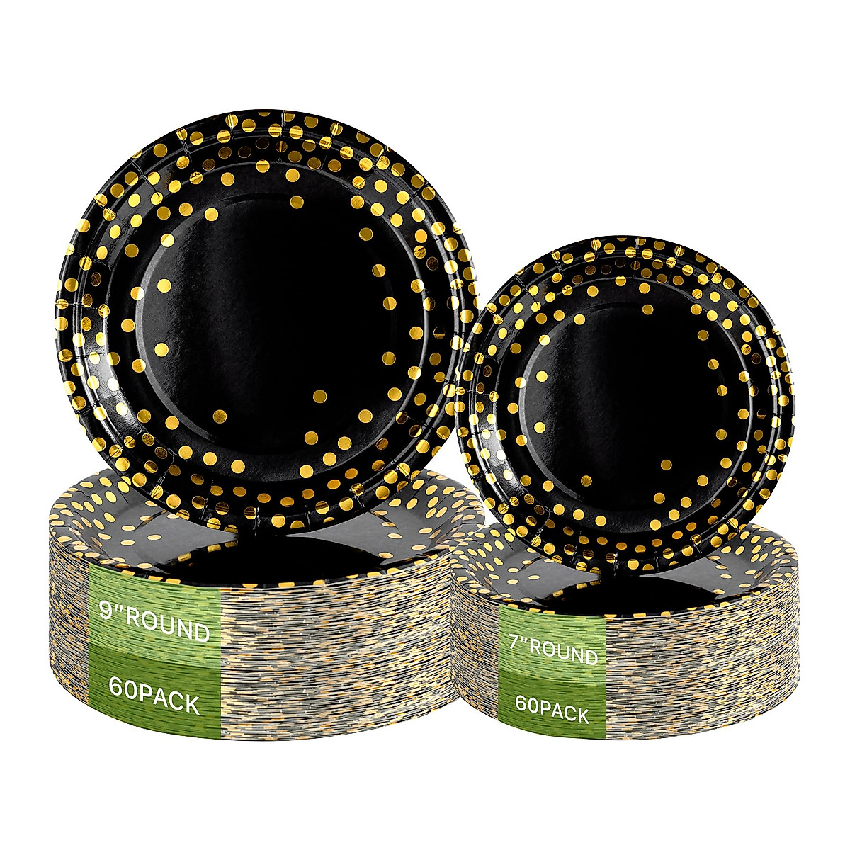 Lullaby 120PCS Black Paper Plates, Black and Gold Paper Plates, 60pcs Dinner Plates 9"，60pcs Dessert Plates 7", Disposable Graduation Plates with Golden Dot for Birthday party, Halloween