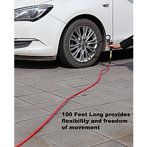 YOTOO Reinforced Polyurethane Air Hose 1/4" Inner Diameter by 100' Long, Flexible, Heavy Duty Air Compressor Hose with Bend Restrictor, 1/4" Swivel Industrial Quick Coupler and Plug, Red