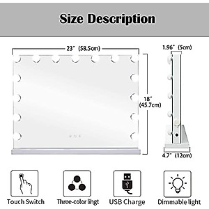 Filytop 22.8"x 18.1" Makeup Mirror with Lights,10X Large Hollywood Lighted Vanity Mirror with 15 Dimmable LED Bulbs,3 Color Modes,Touch Control,Tabletop or Wall-Mounted, White