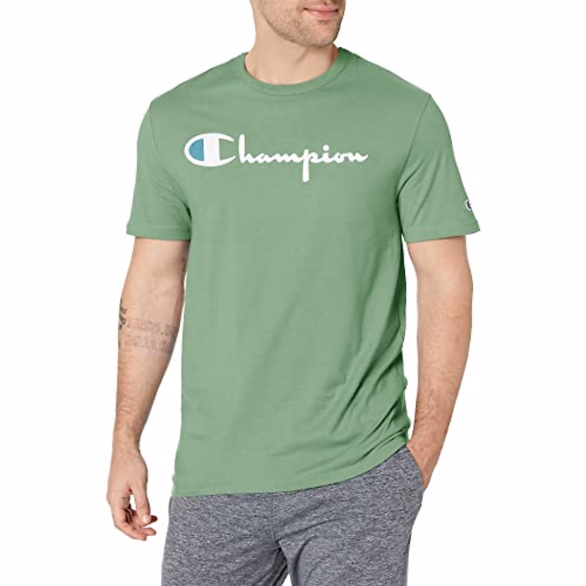Champion T, 100% Cotton Shirt for Men, Lightweight Tee, Multiple Graphics, Native Fern Green-Y08254, Small