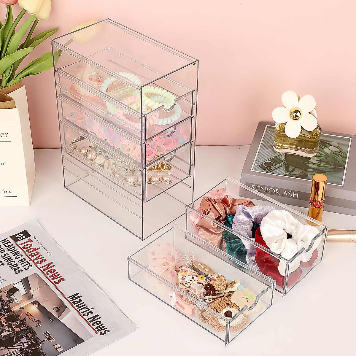 Hipiwe 5-Drawers Plastic Storage Organizer, Clear Hair Accessories Organizer with Large Capacity for Bathroom, Dresser, Cosmetic Hair Tie Container for Girls Women