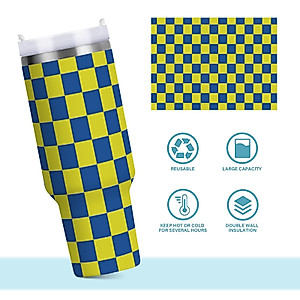 Yellow Blue Checkered 40 oz Tumbler with Handle and Straw Lid, Insulated Coffee Cup Reusable Stainless Steel Water Bottle Travel Mug Cupholder Friendly,Gifts for Women Men