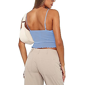 REORIA Women's Summer Sexy V Neck Sleeveless Adjustable Spaghetti Strap Sheer Mesh See Through Going Out Trendy Cami Camisole Y2k Crop Tops Sky Blue X-Small