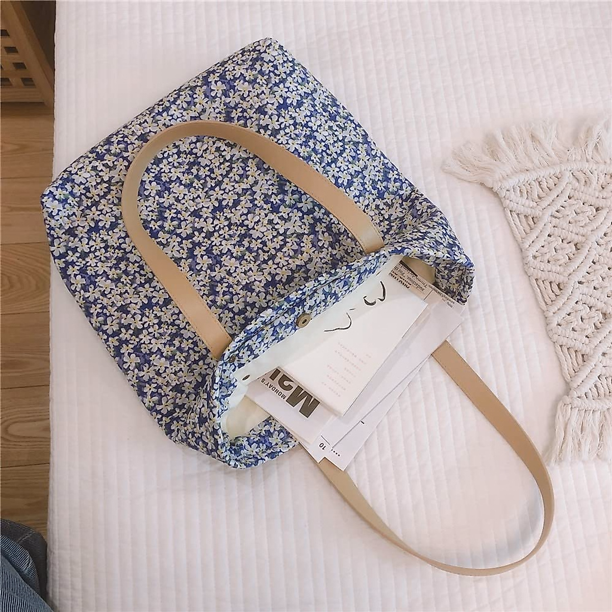 Jeelow Floral Cotton Canvas Tote Handbag with Vegan Leather Handles for Women - Lightweight Shoulder Bag Purse Snap Closure (Blue)