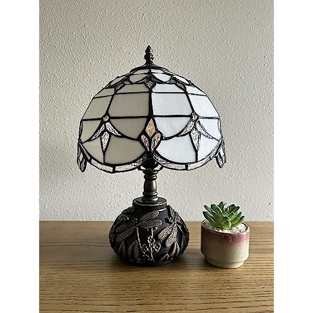 Enjoy Tiffany Style Table Lamp White Baroque Style Lavender Stained Glass Included LED Bulb Vintage for Living Room Dining Room Bedroom Bedside Office Hotel H14*W10 in
