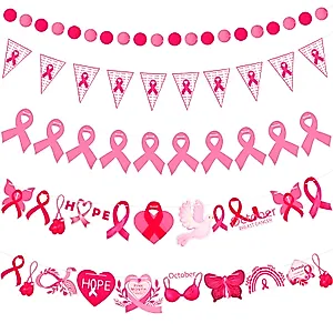 Tudomro 5 Pcs 118 inches Breast Cancer Awareness Decorations Pink Ribbon Pennant Banner Pink and White Hope Faith Strength Courage Inspiring Flag Love Bunting Wall Banner for Breast Cancer Month