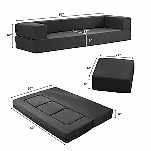 ZAFLY Upholstered Folding Sofa Bed, 80''W Velvet Convertible Sofa Couch with 3 Ottomans, Multifunctional Sleeper Bed for Bedroom/Living Room/Apartment (Dark Grey)