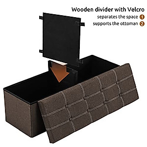 YOUDENOVA 43 Inches Folding Storage Ottoman Bench, Storage Chest Foot Rest Stool with Wooden Divider, Bed End Bench with 120L Large Storage Space, Linen Fabric Brown