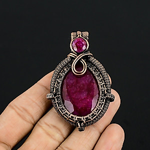 Copperie Lab Created Ruby Gemstone Pendant Copper Wire Wrapped Jewelry Necklace 20"-NE-13