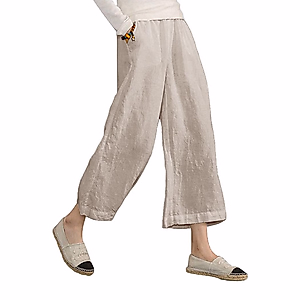 ECUPPER Womens Linen Cropped Pants Loose Casual Capri Cotton Wide Leg Plus Size Elastic Waist with Drawstring Trouses Natural XL