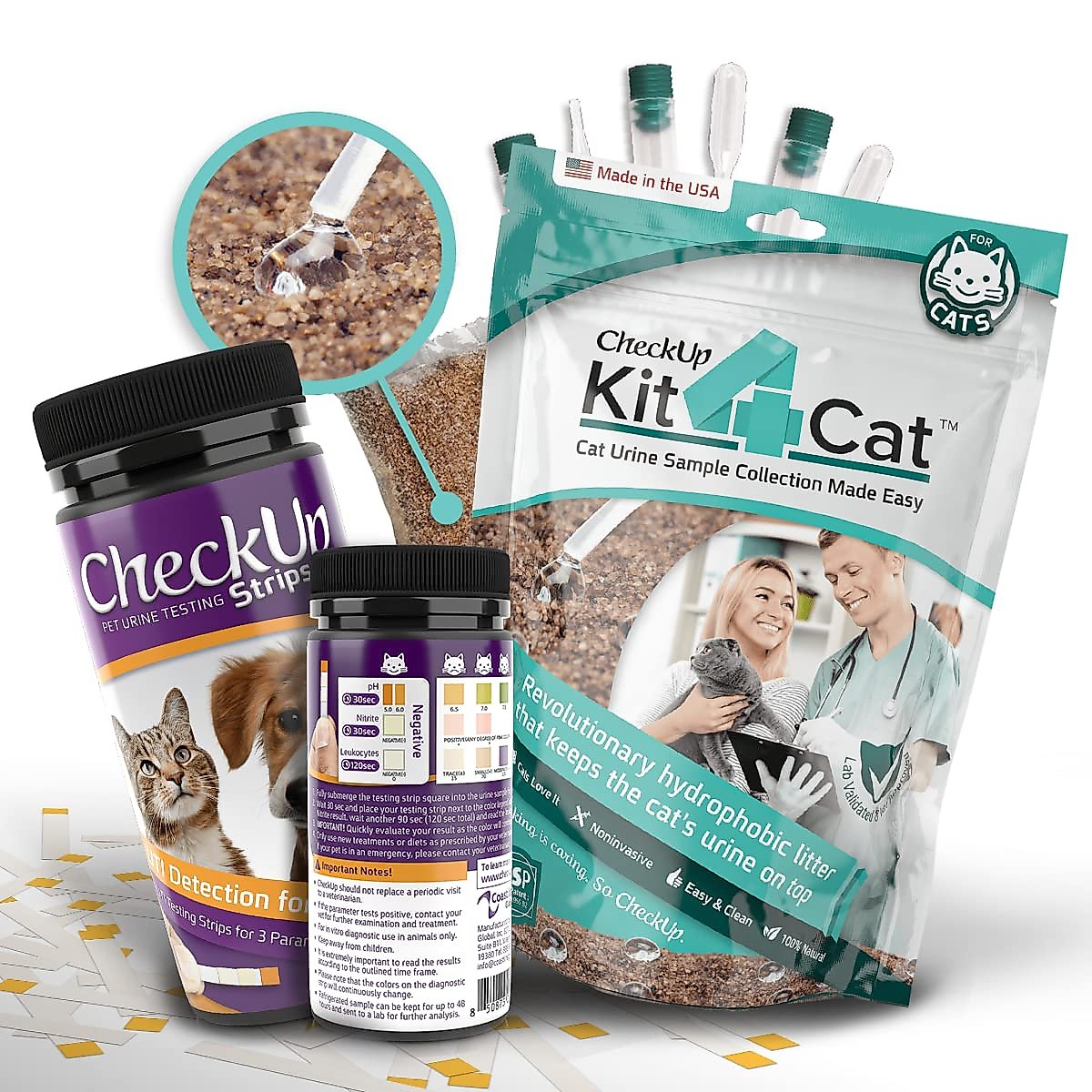 Kit4Cat Litter & Test UTI Bundle - Kit4Cat Hydrophobic Litter with CheckUp 3 Parameters UTI Testing Strips x 50