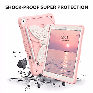 DUEDUE for iPad 10.2 9th/8th/7th Generation Case 2021/2020/2019, Butterfly Wings Kickstand with Pencil Holder Heavy Duty Rugged Shockproof Case for New Apple iPad Air 3 10.5, Beige/Pink