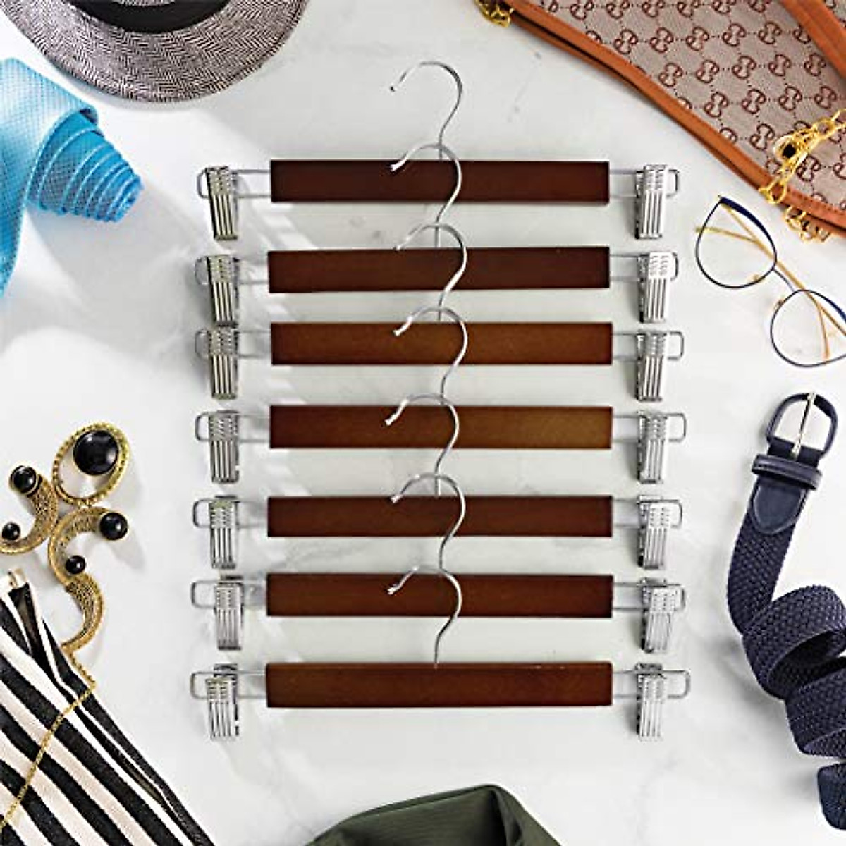 High-Grade Wooden Pants Hangers with Metal Clips Grip Clip Pants Hanger, Smooth Finish Solid Wood Jeans/Skirt Hanger, 360° Swivel Hook - Clip Hanger for Pant, Skirts, Slacks - 10 Pack, Vintage Wood